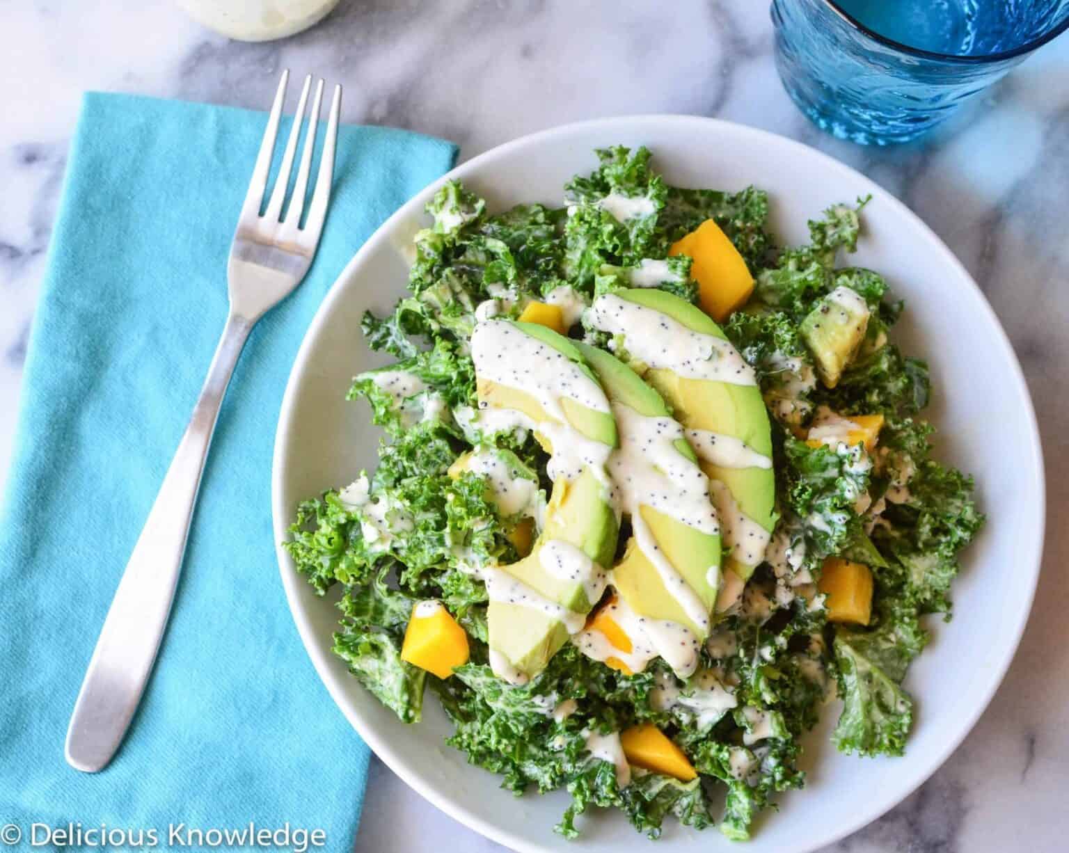 Kale Salad with Mango, Avocado and Vegan poppy seed dressing