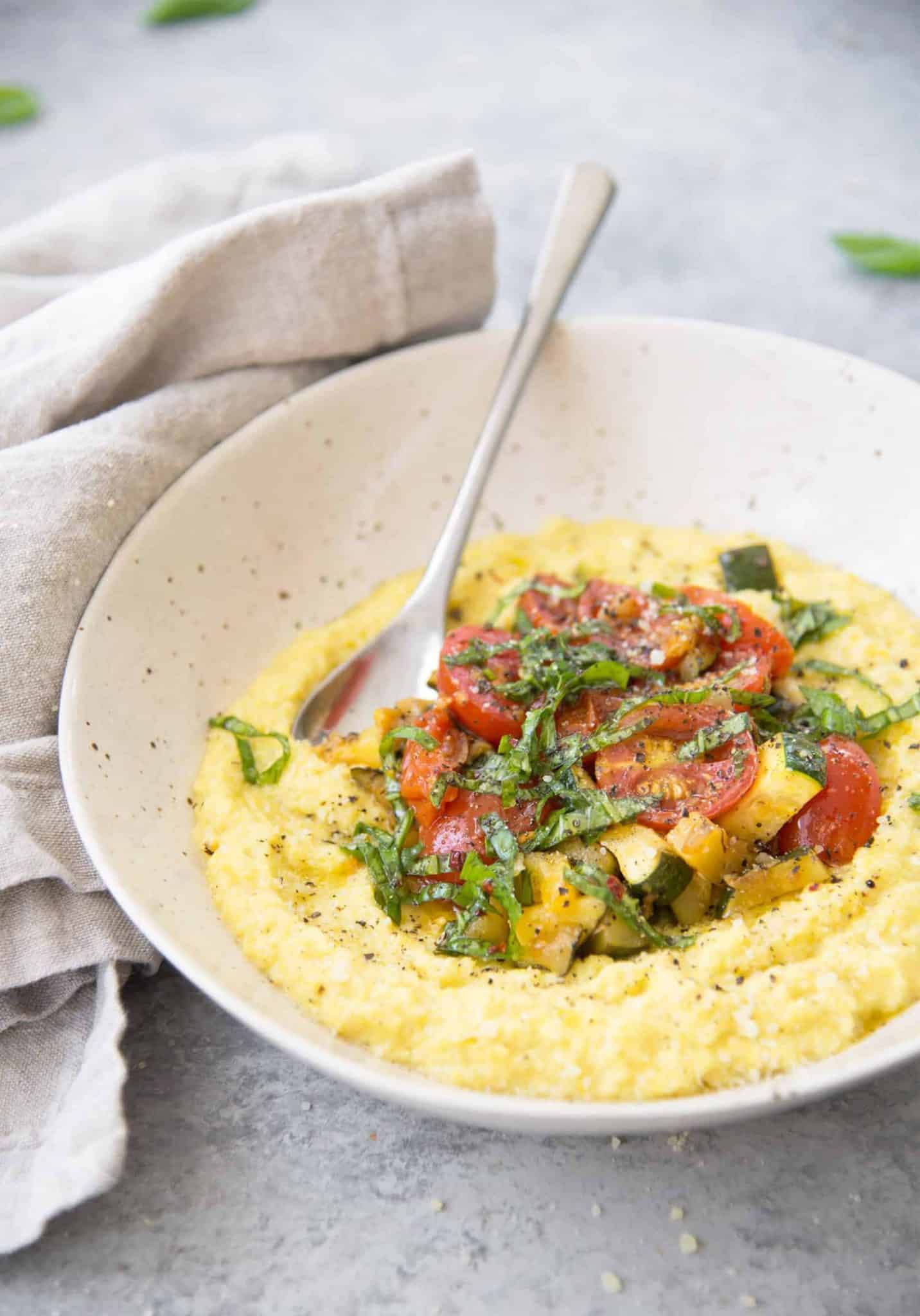 Fresh Corn Polenta with Farm Vegetables and Spicy Basil Oil - Delish ...