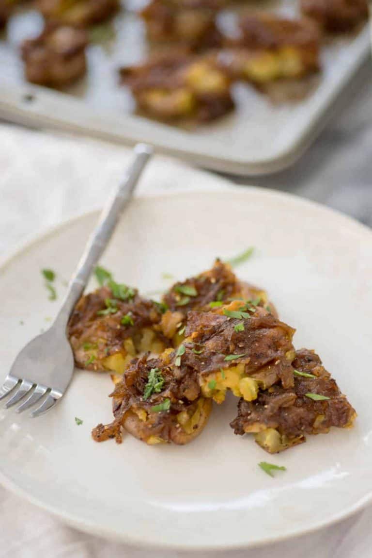 Smashed Potatoes with Shallot Dressing - Delish Knowledge
