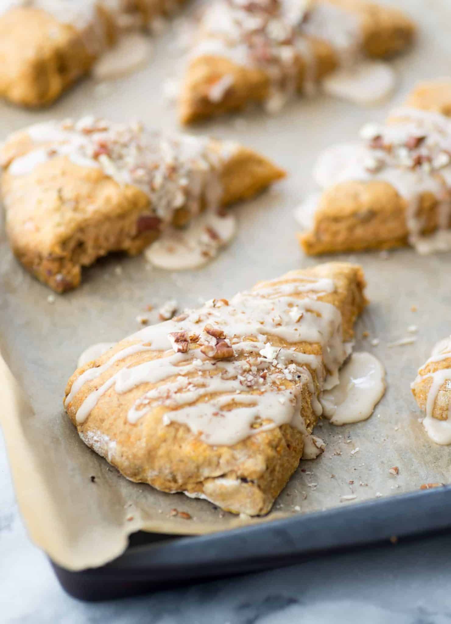 Sweet Potato Scones with Maple Pecan Glaze - Delish Knowledge