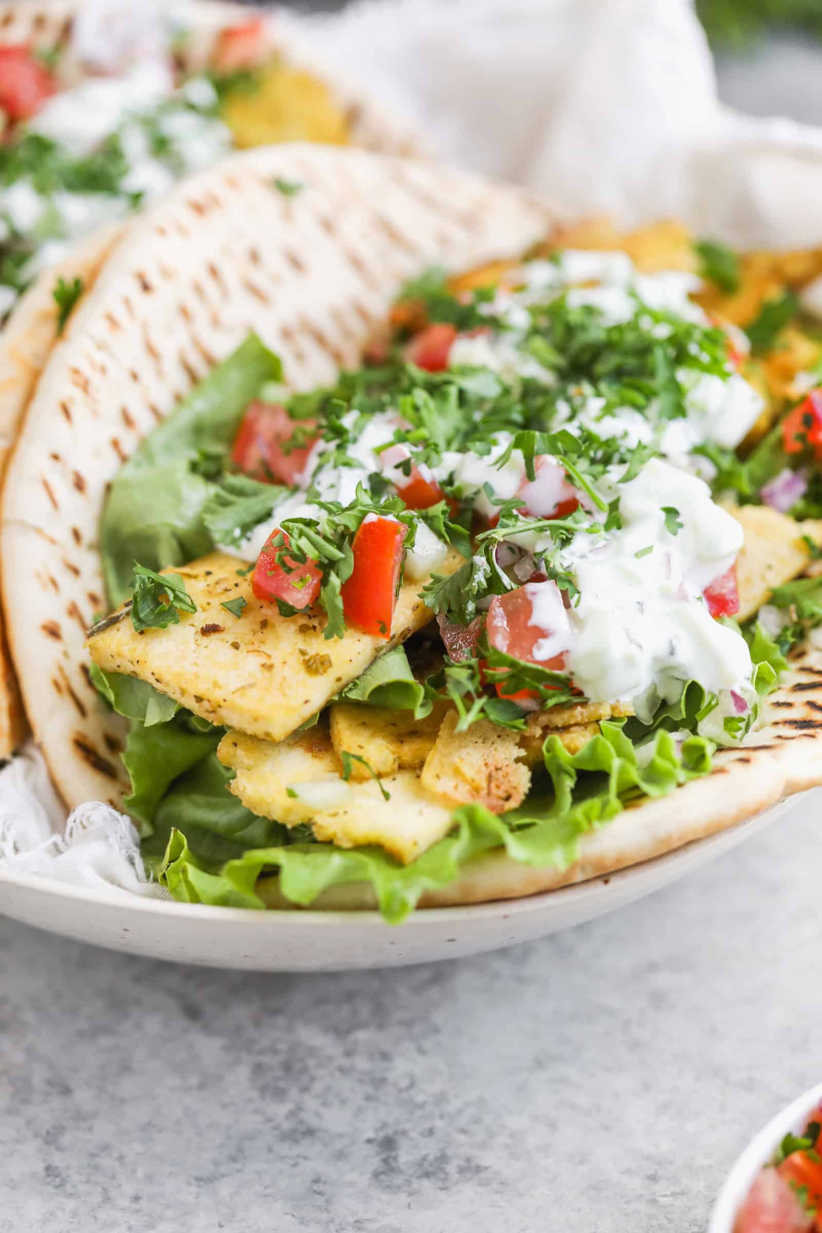 Tofu Gyros with Tzatziki and Tomato Cucumber Salad