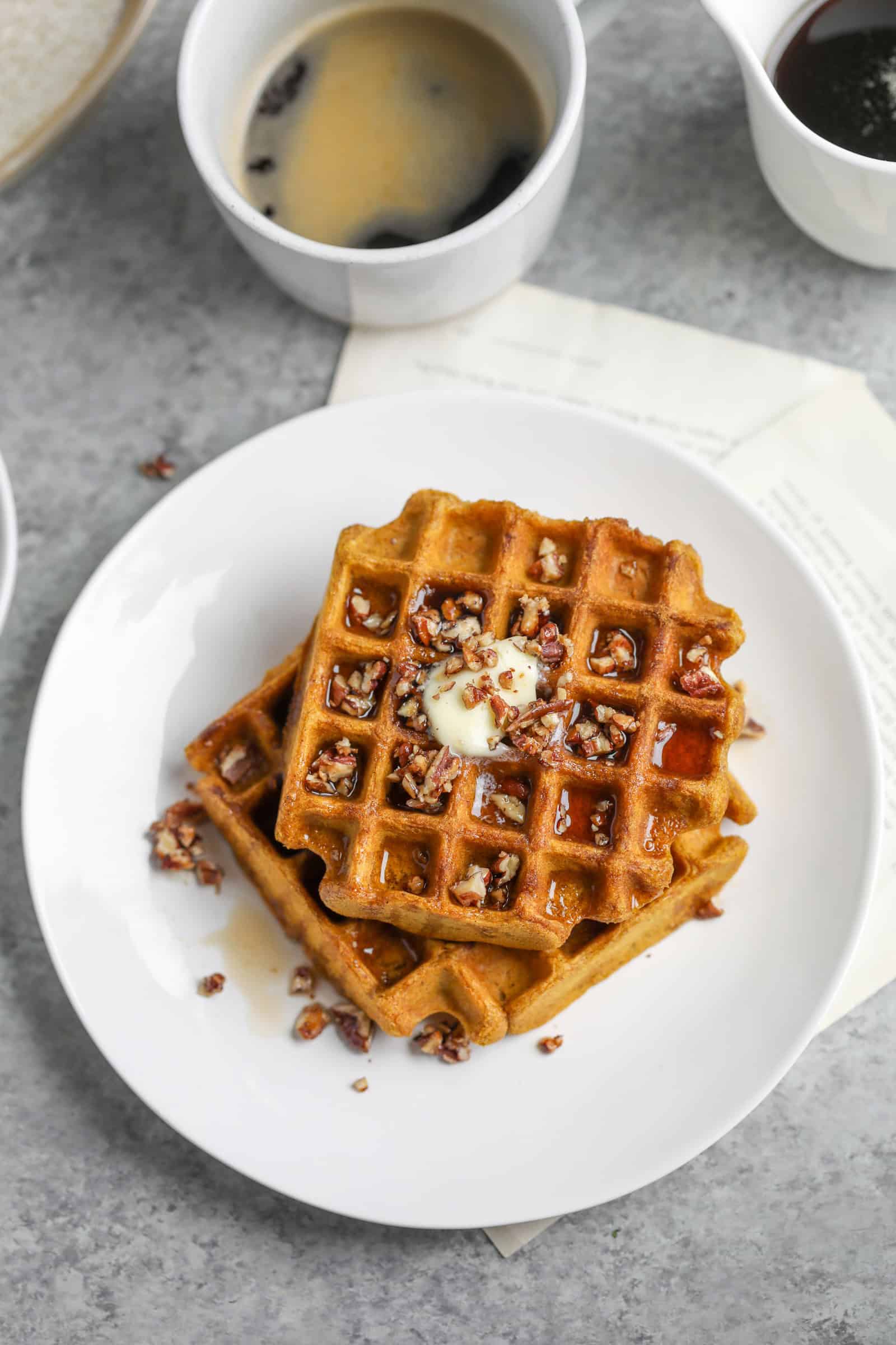 Healthy Pumpkin Waffles with Maple Pecan Topping