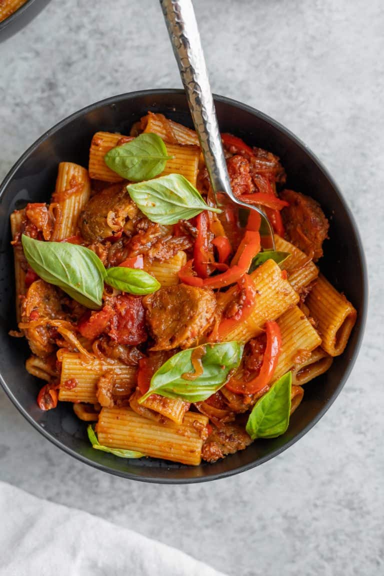 Vegan Rigatoni with Peppers and Sausage - Delish Knowledge
