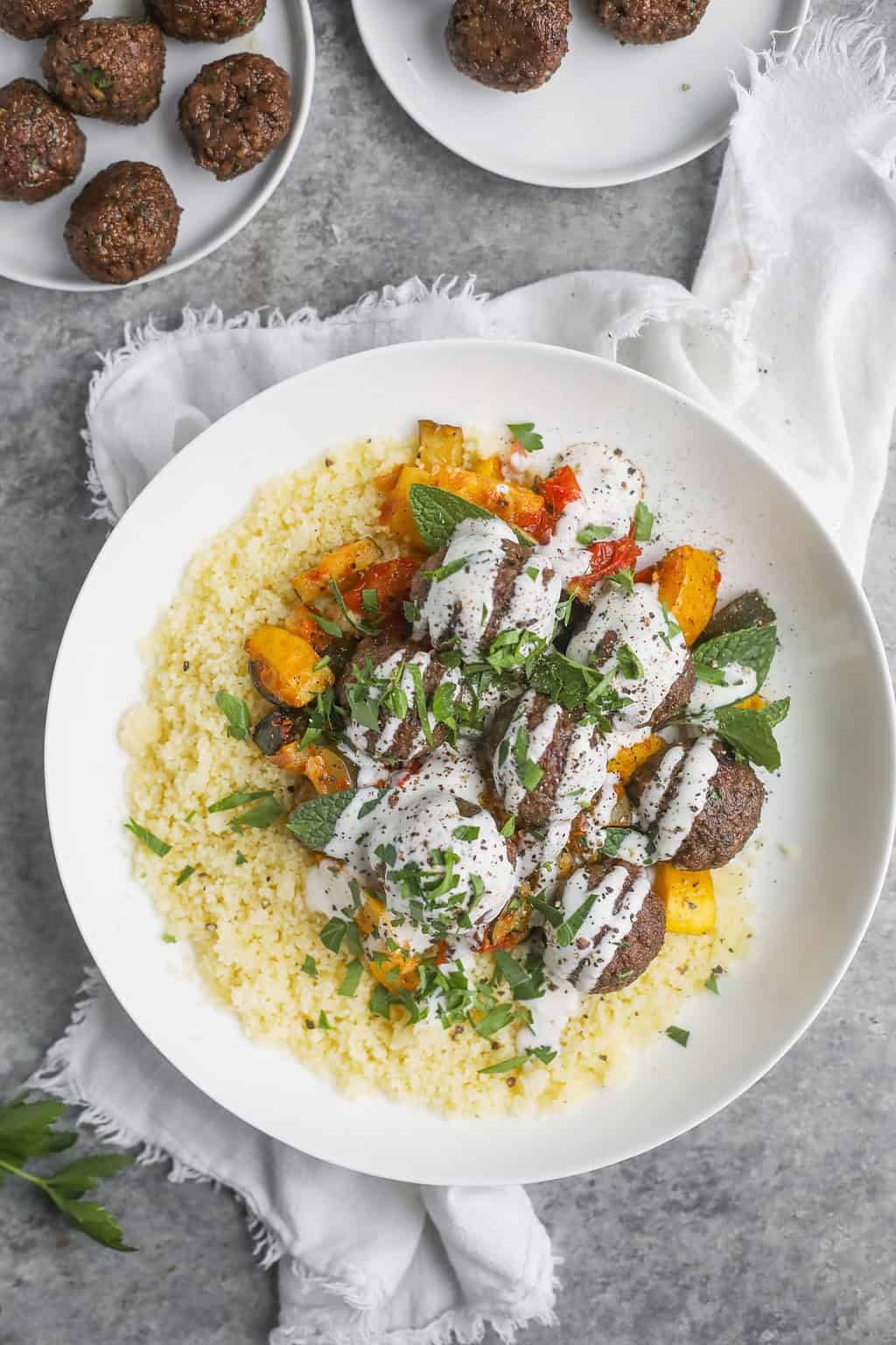 Vegan Kofta Plates with Roasted Vegetables and Couscous - Delish Knowledge
