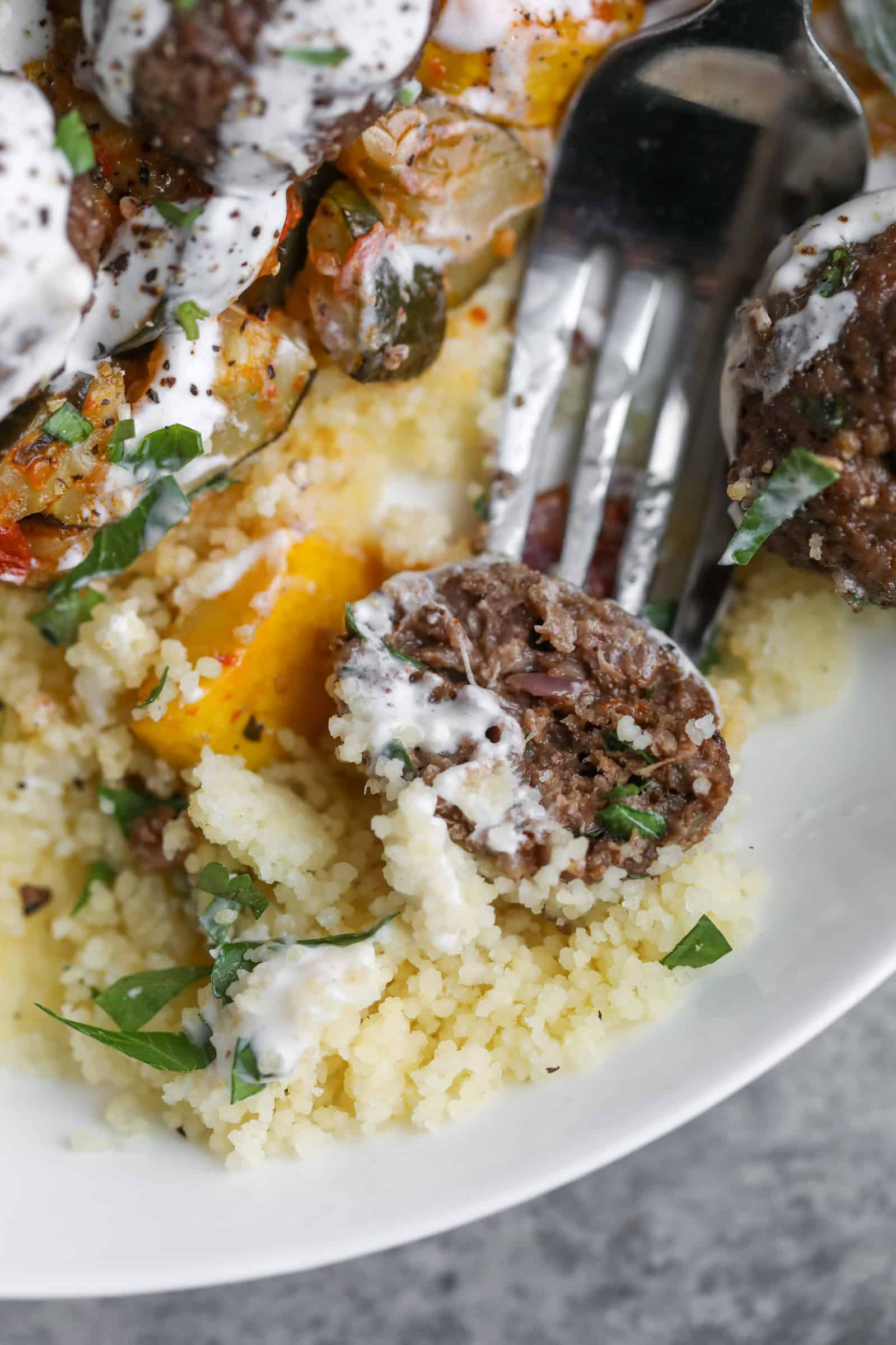 Vegan Kofta Plates with Roasted Vegetables and Couscous - Delish Knowledge
